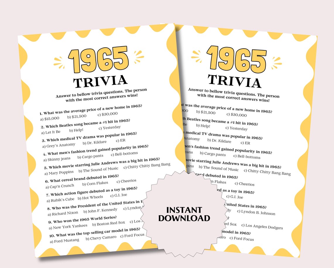 1965 Trivia Game, 60th Birthday Trivia, 60th Birthday Party Game, Born ...
