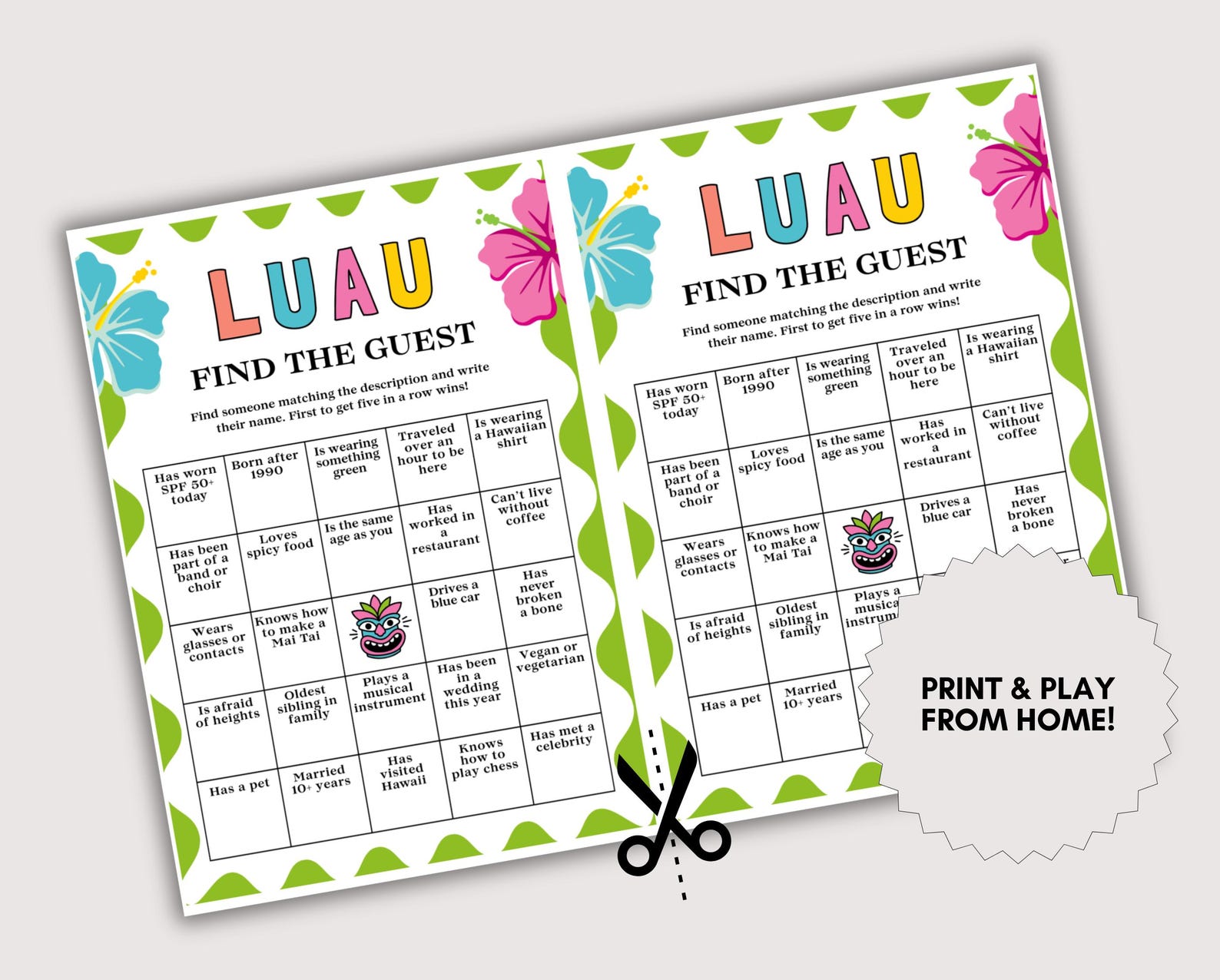 Luau Find the Guest Bingo, Luau Party Games, Hawaiian Themed Games Luau ...