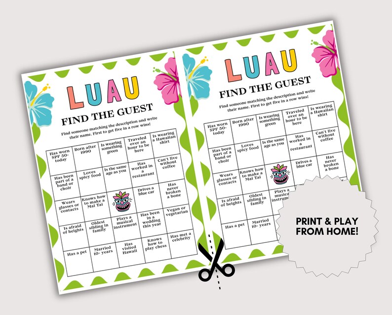 Luau Find the Guest Bingo, Luau Party Games, Hawaiian Themed Games Luau ...