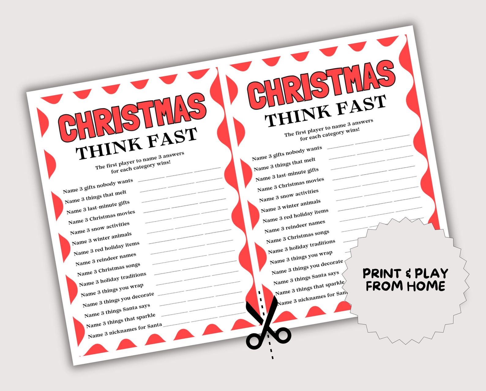 Christmas Think Fast Game, Fun Christmas Game for Adults Kids, Family ...