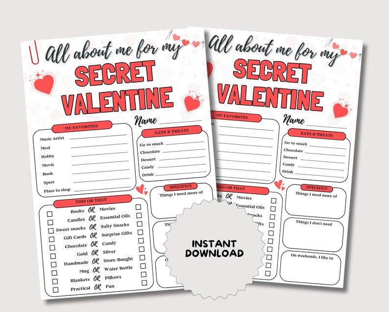 Secret Valentine Gift Exchange Form Editable Template, Secret Valentine ...