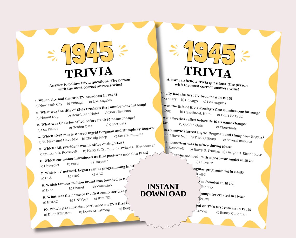 1945 Trivia Game, 80th Birthday Trivia, 80th Birthday Games, 1945 ...
