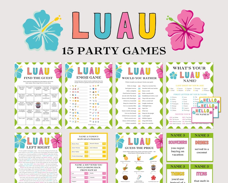 Luau Games Bundle, Luau Party Games for Kids Adults, Luau Friendly Feud ...