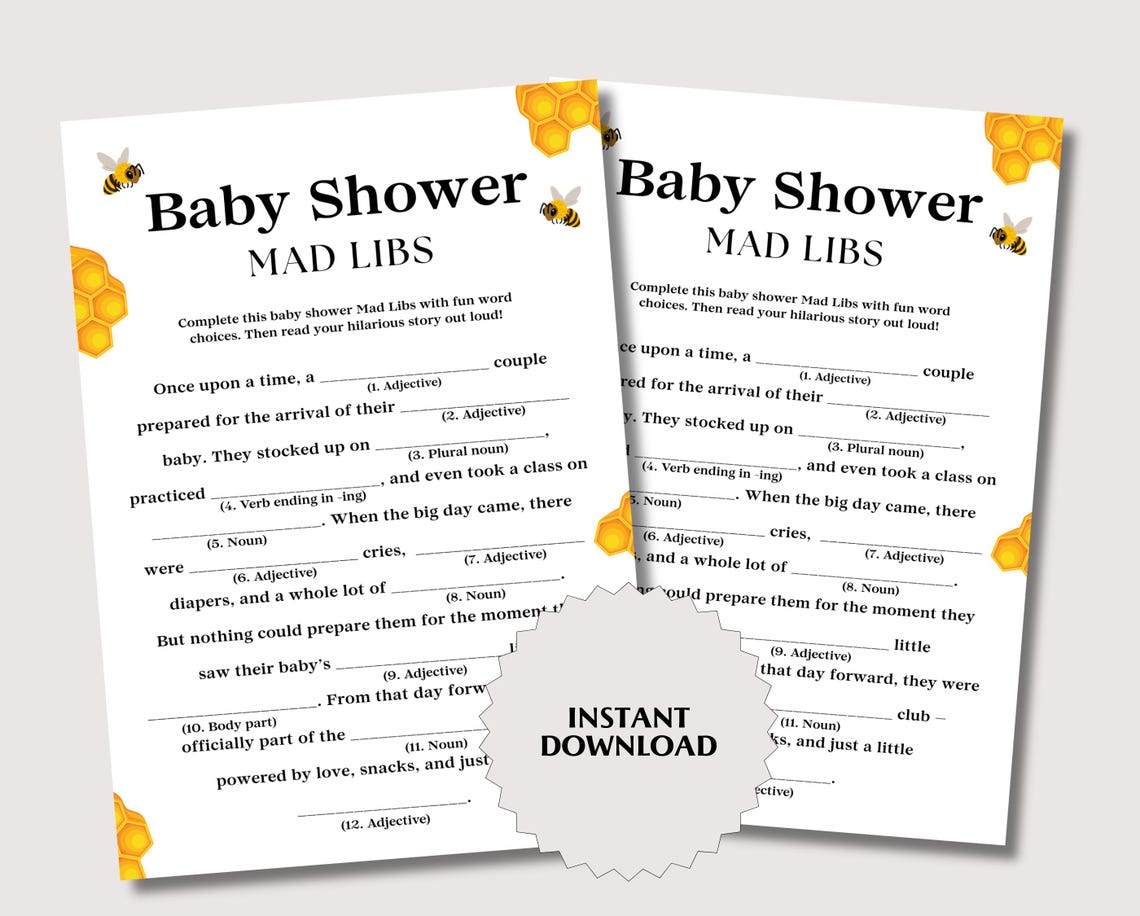 Baby Shower Mad Libs, Funny Baby Shower Games, Bee Baby Shower Madlibs ...