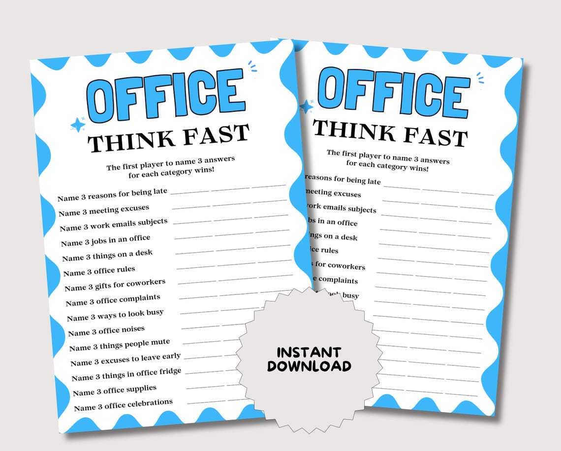 Office Think Fast Game, Fun Printable Team Building Game for Staff ...