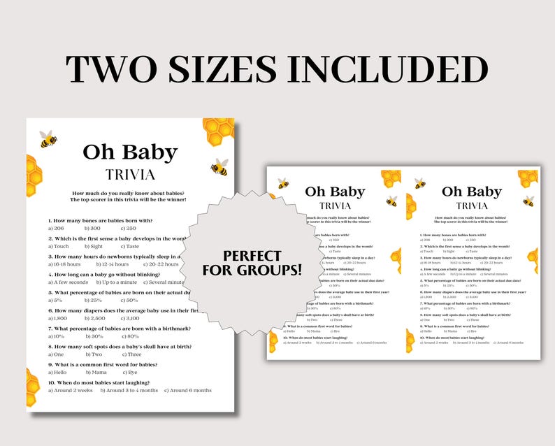 Printable Trivia Baby Shower Game, Bee Baby Shower Family Feud Game ...