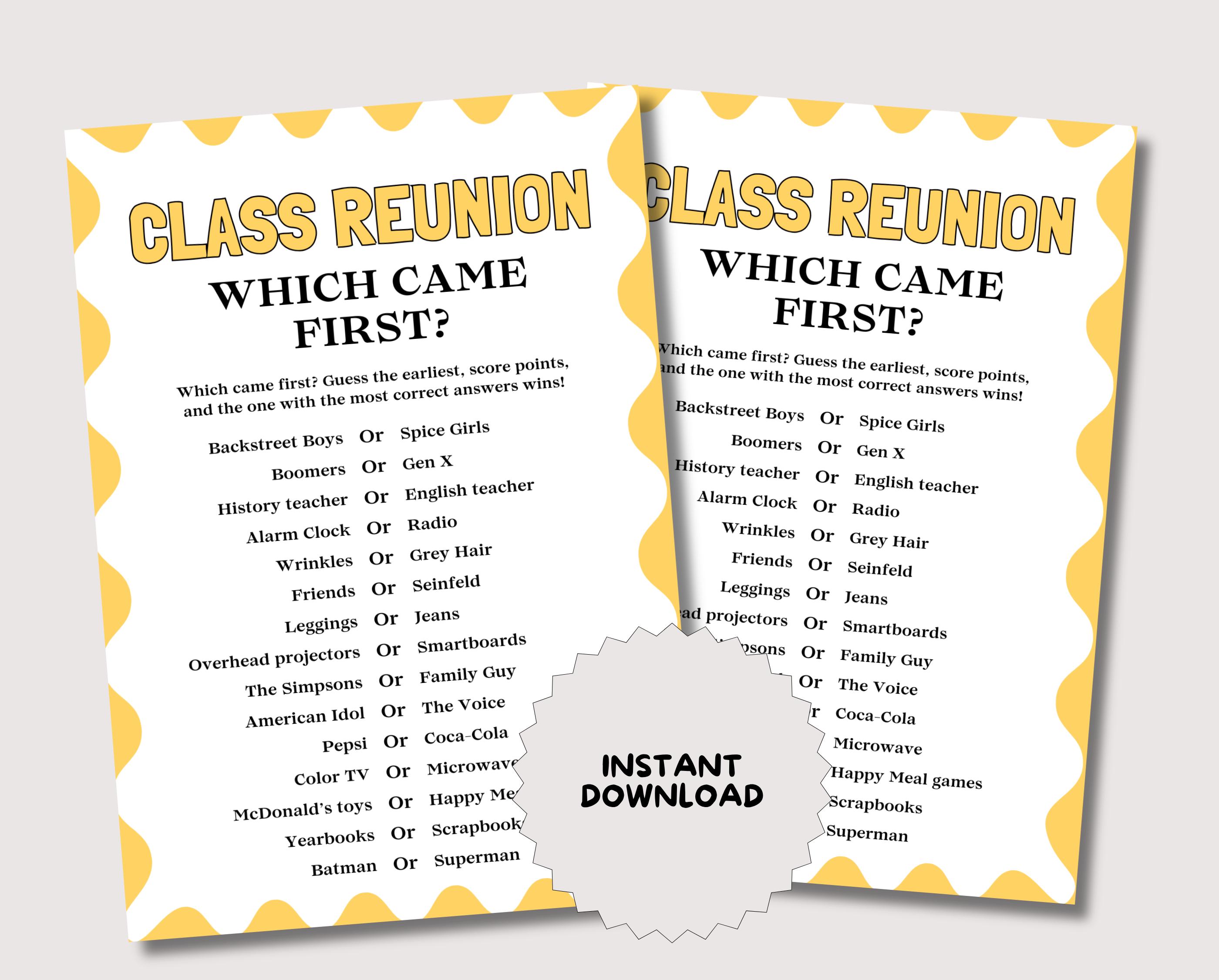 Class Reunion Games Which Came First, High School Reunion, Printable ...