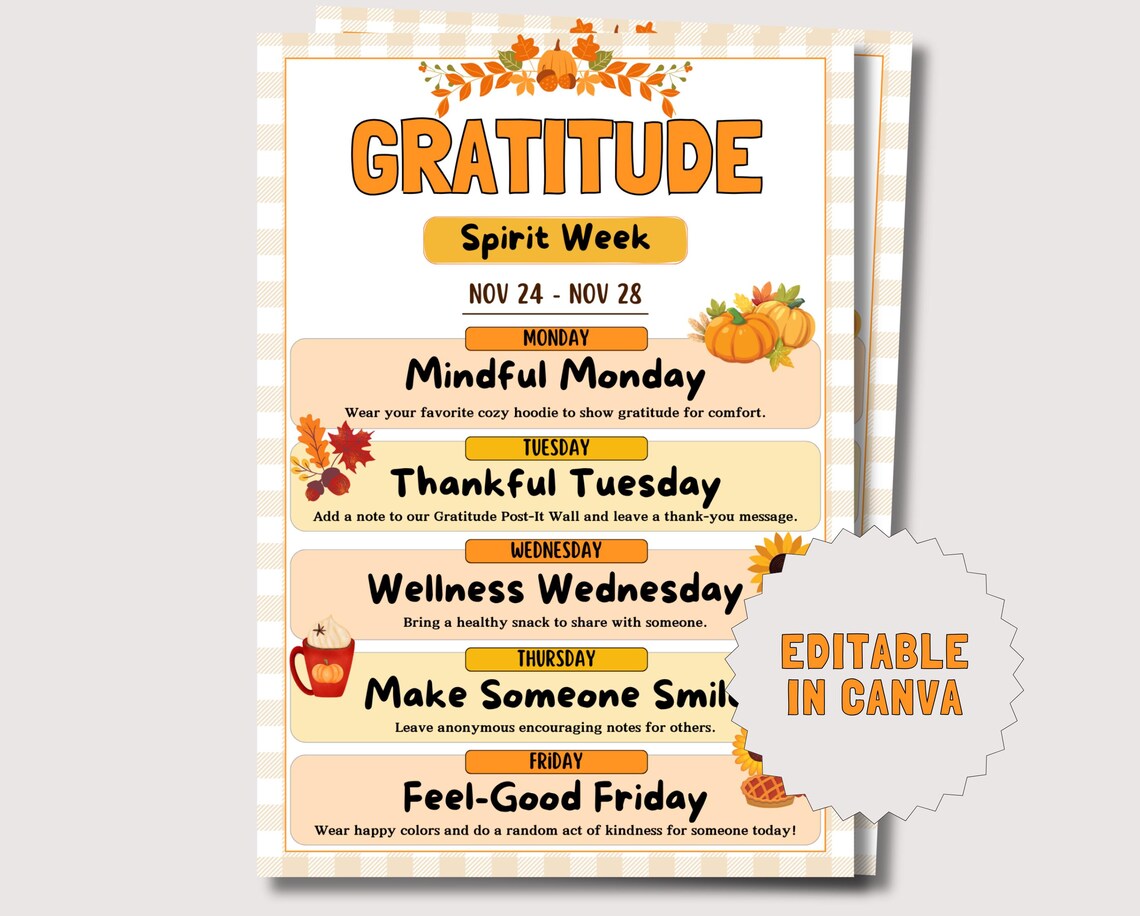 Thanksgiving Spirit Week Flyer Editable in Canva, Autumn Fall School ...