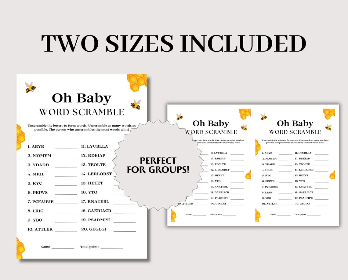 Printable Baby Shower Word Scramble Game, Bee Baby Shower Game, Gender ...