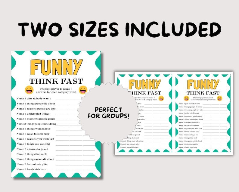 Funny Think Fast Game, Fun Printable Game for Adults Kids, Team ...