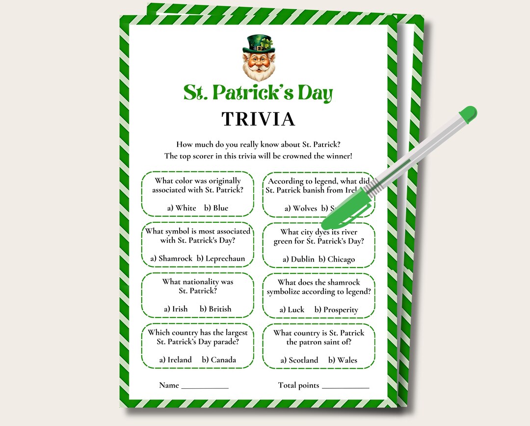 St Patrick's Day Trivia, Printable Fun St Patricks Game Green Trivia ...