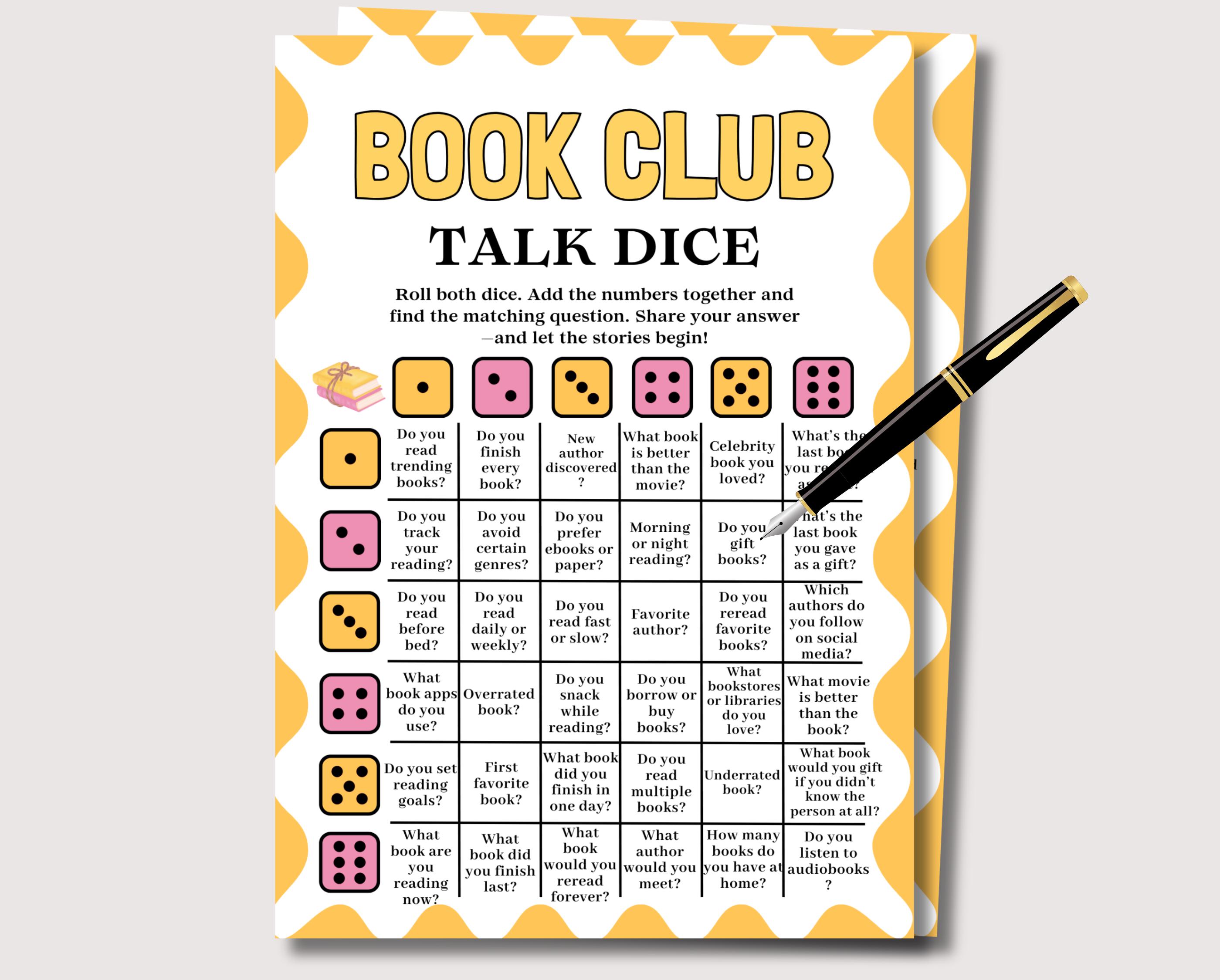 Book Club Talk Dice Game, Fun Printable Book Club Game, Book Club Party ...