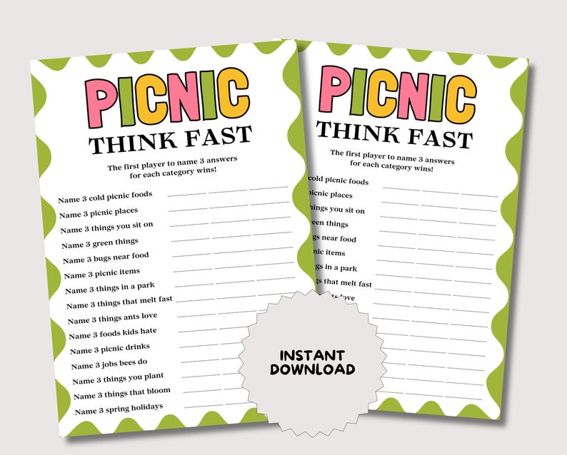 Picnic Think Fast Game, Fun Picnic in the Park Game for Kids Adults ...