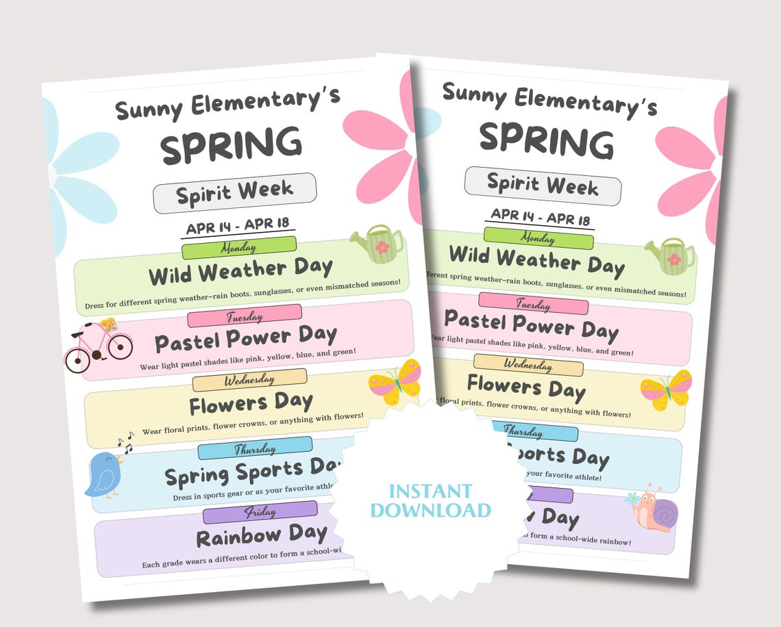 Spring Spirit Week Flyer Editable in Canva, Spring School Spirit Week ...