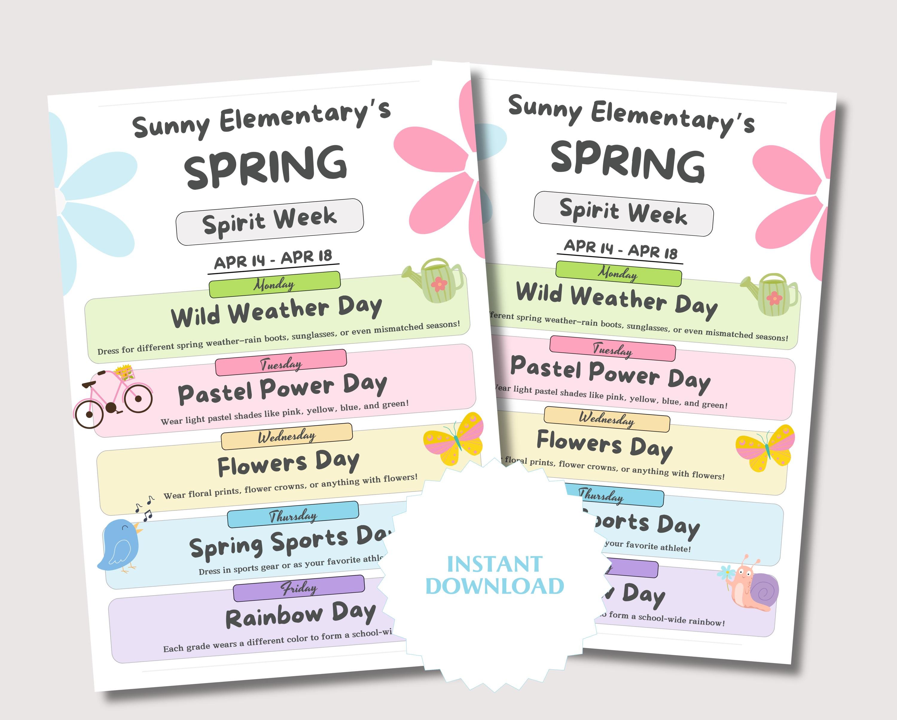 Spring Spirit Week Flyer Editable in Canva, Spring School Spirit Week ...