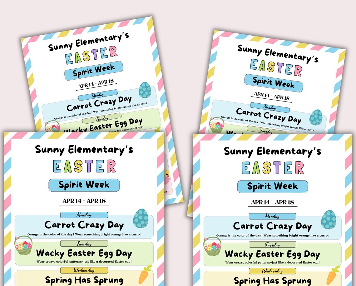 Easter Spirit Week Flyer Editable Template, Spring School Spirit Week ...