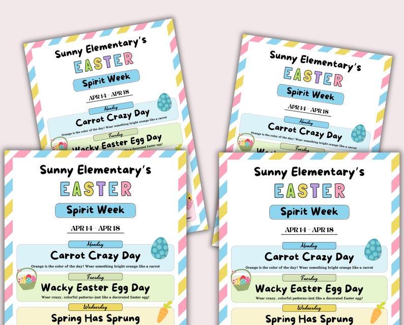 Easter Spirit Week Flyer Editable Template, Spring School Spirit Week ...