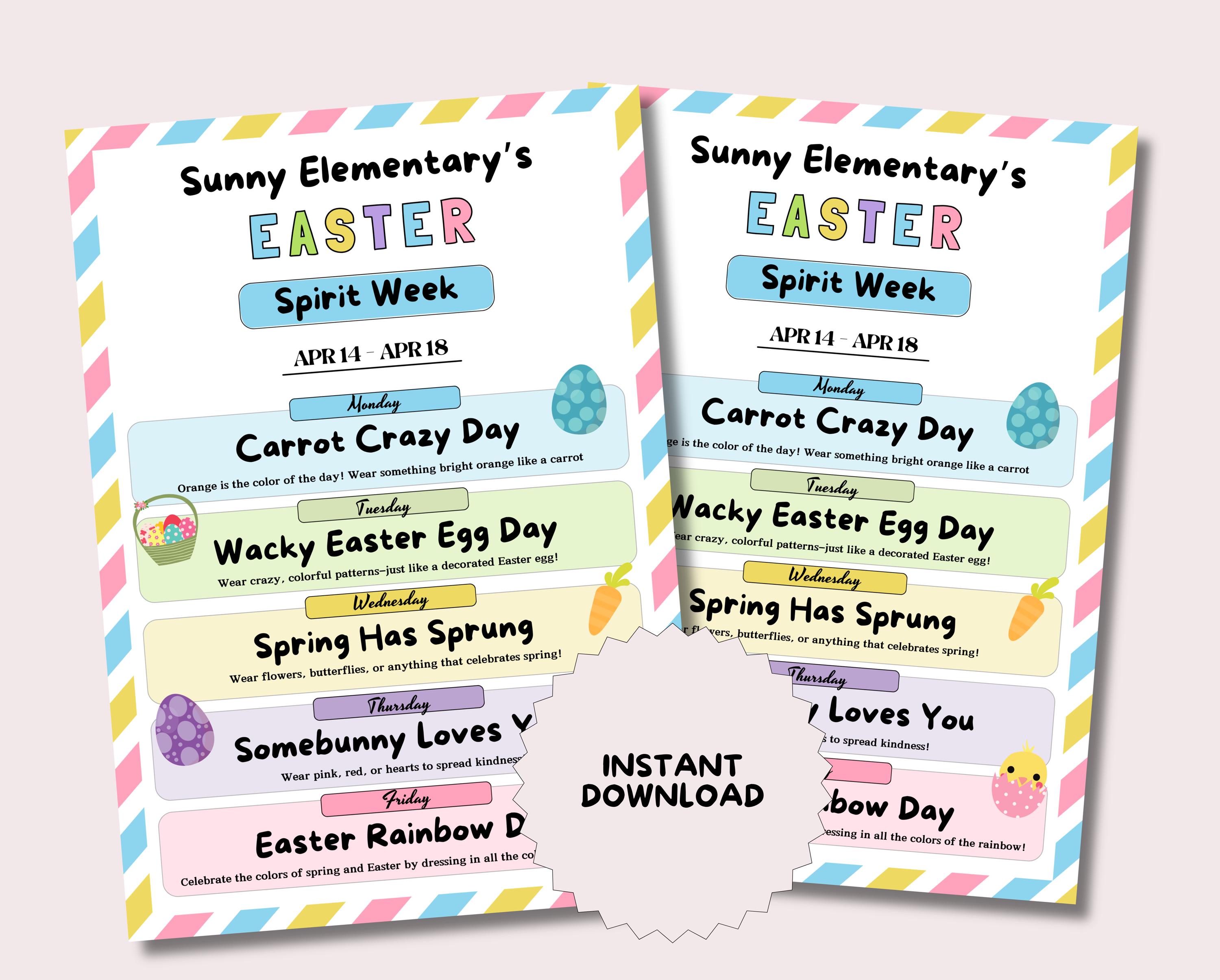 Easter Spirit Week Flyer Editable Template, Spring School Spirit Week ...