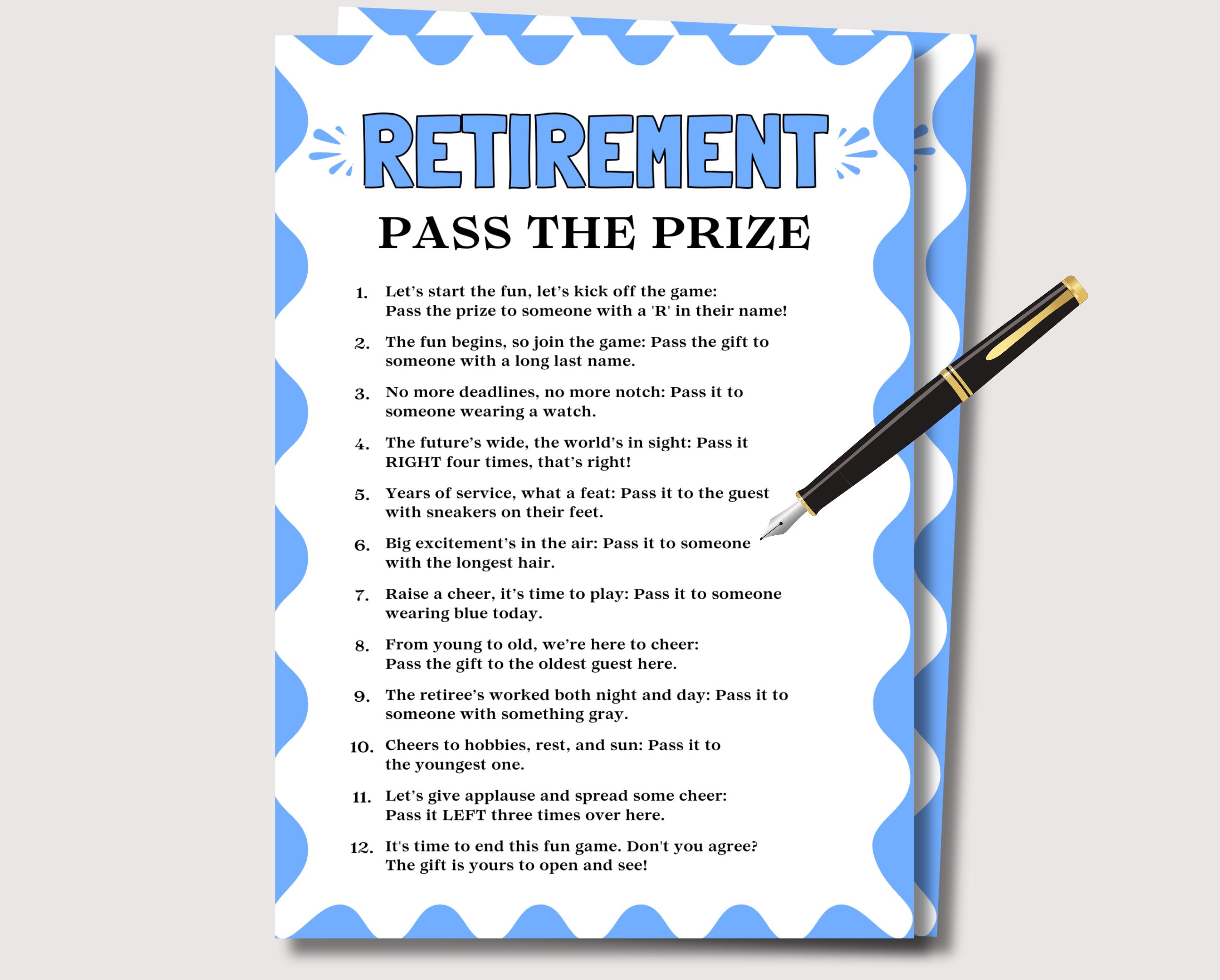 Retirement Pass the Prize, Fun Retirement Party Game, Retirement Pass ...