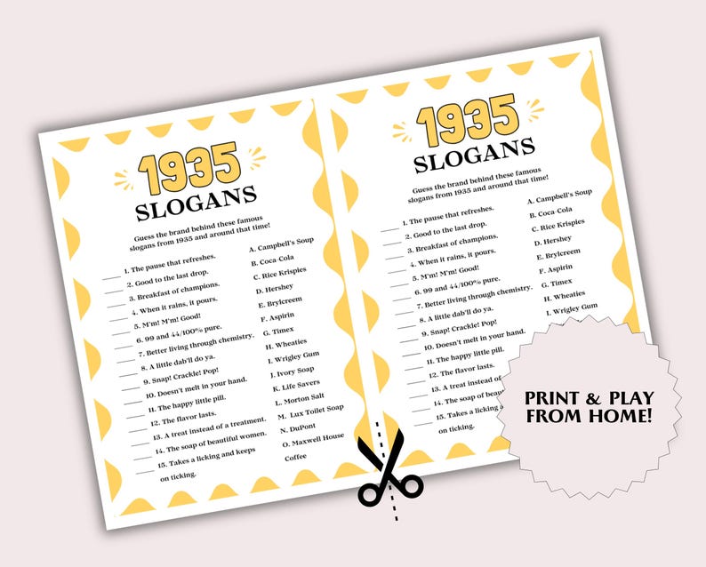 1935 TV and Radio Slogan Trivia Game, Fun 1935 Birthday Game for Her ...