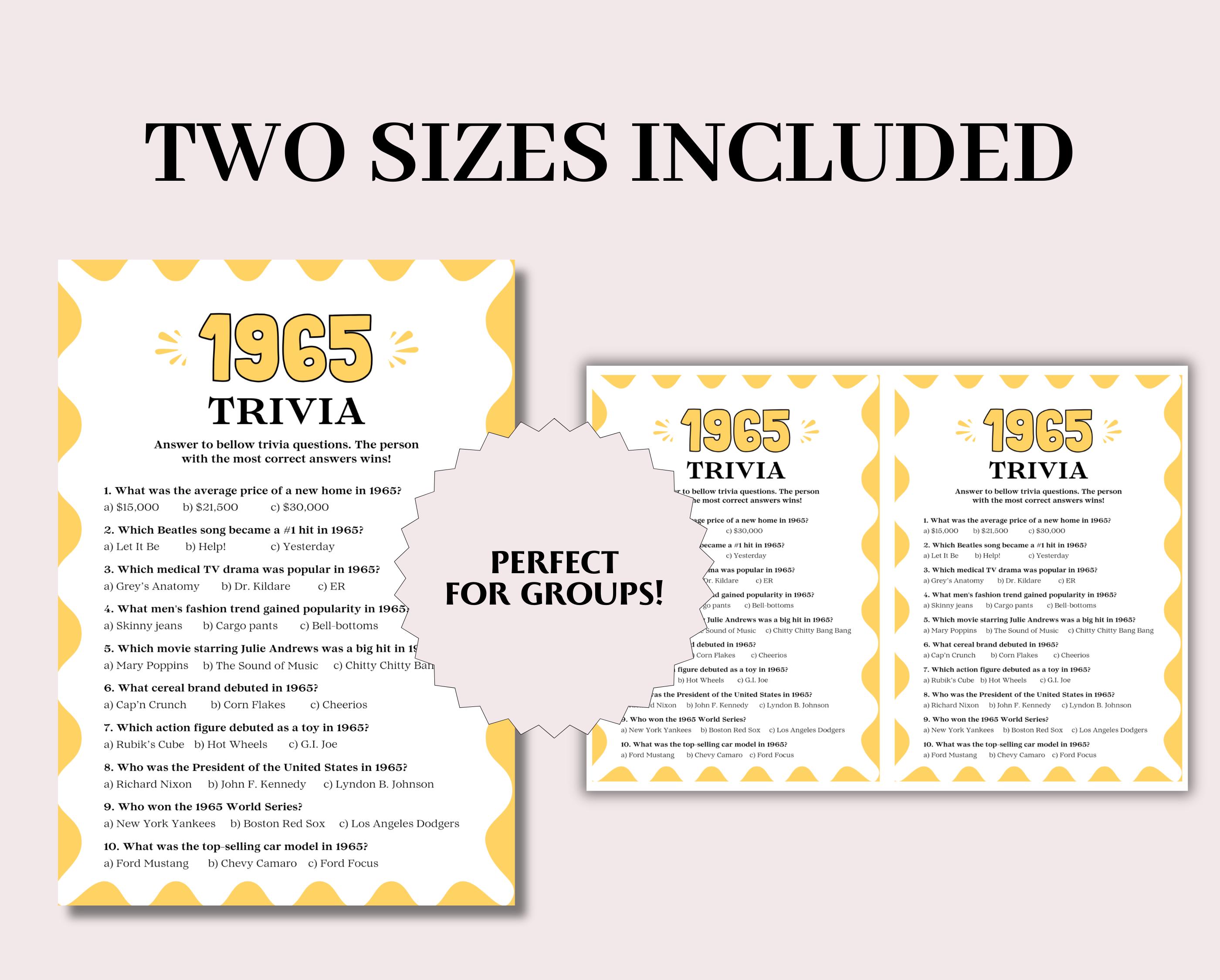 1965 Trivia Game, Fun 1965 Birthday Game for Her Him, 1965 Trivia Game ...