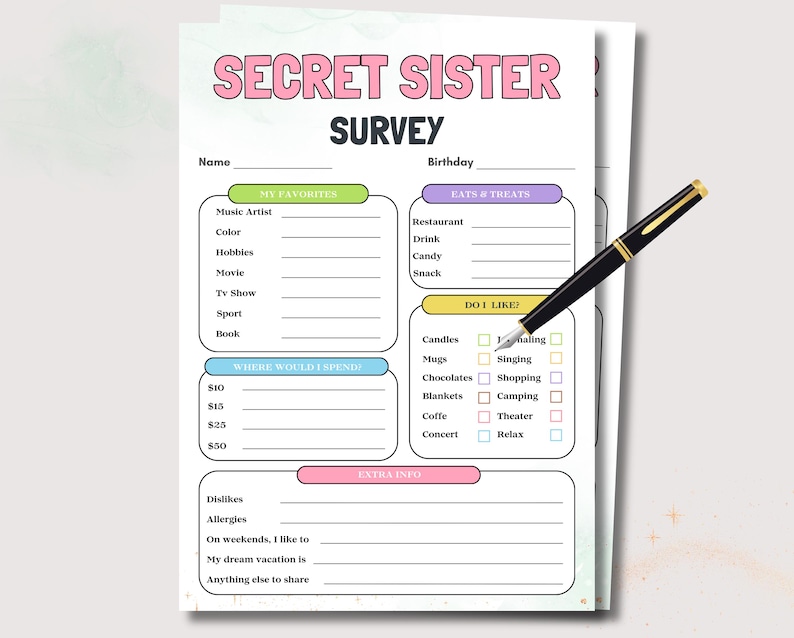 Editable Secret Sister Survey, Secret Sister Questionnaire, Gift Exchange LDS Young Women Survey ...