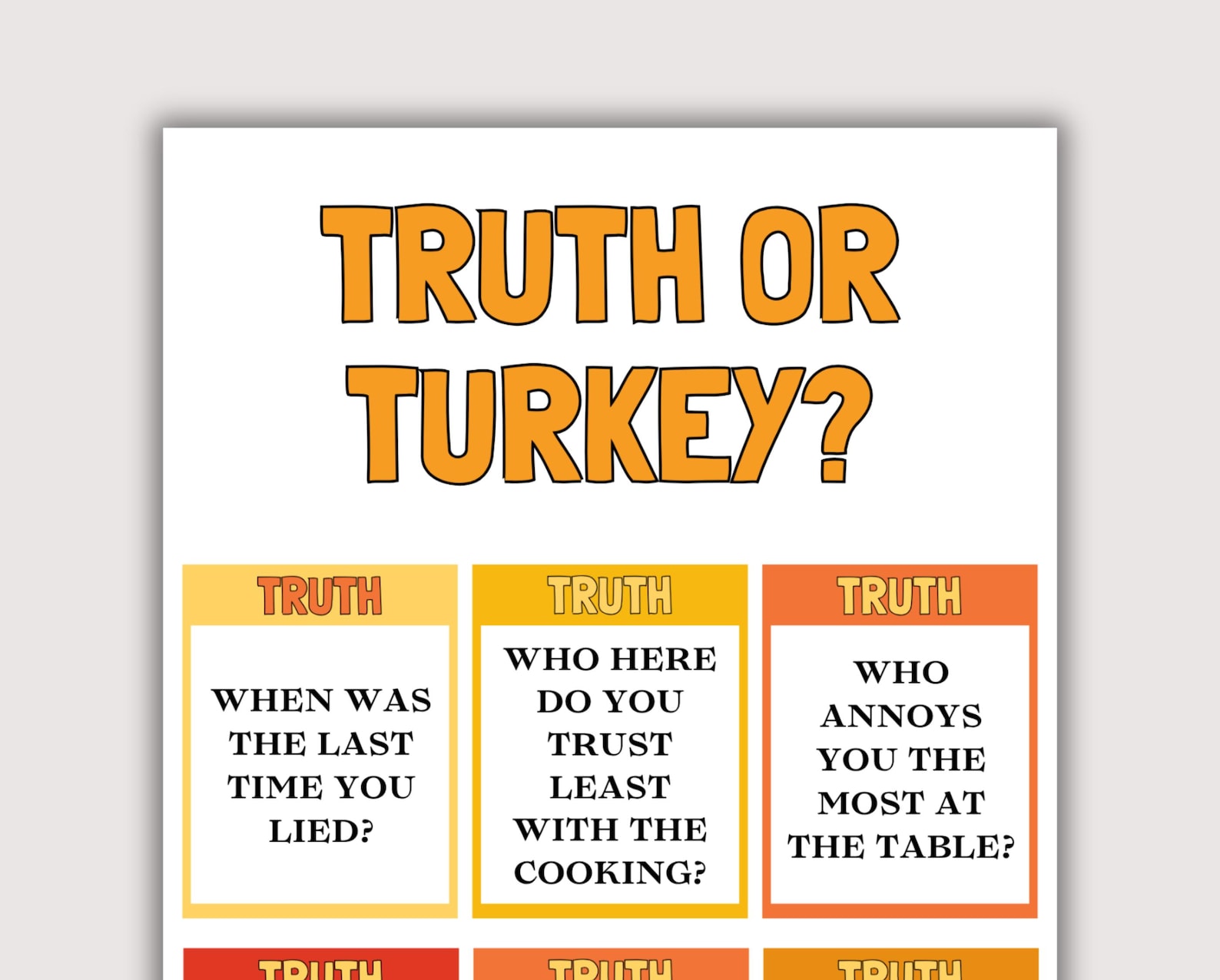 Friendsgiving Game Truth or Turkey, Funny Friendsgiving Game for Adults ...