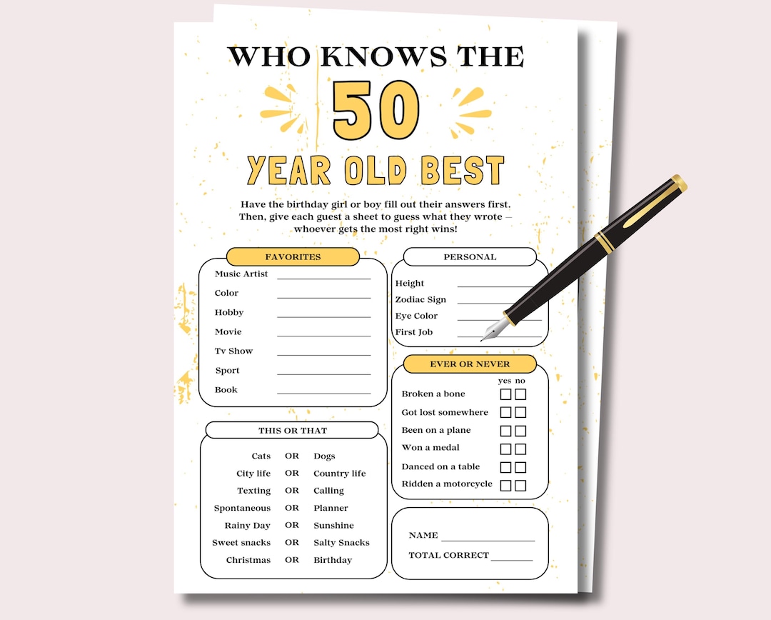 Who Knows the 50 Year Old Best, 50th Birthday Party Game for Women and ...