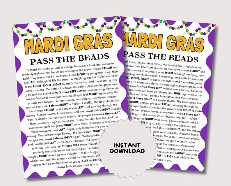 Mardi Gras Pass the Beads Game, Fun Printable Mardi Gras Game for Kids ...
