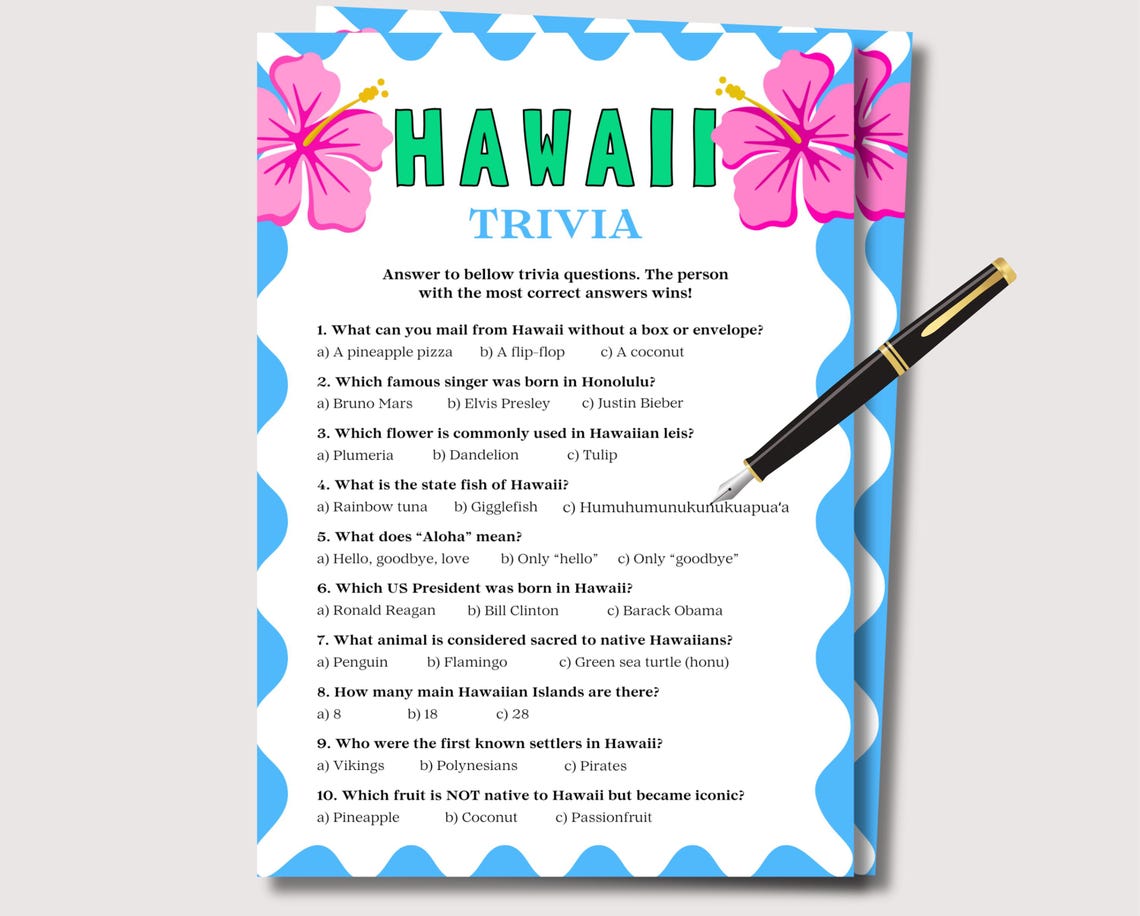 Hawaii Trivia Game, Printable Luau Party Game, Hawaiian Quiz, Aloha ...