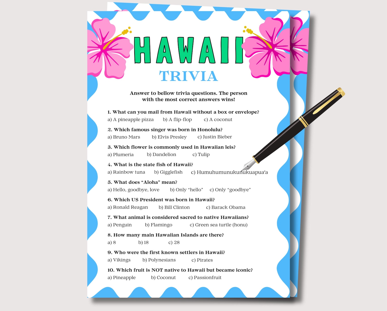 Hawaii Trivia Game, Printable Luau Party Game, Hawaiian Quiz, Aloha ...