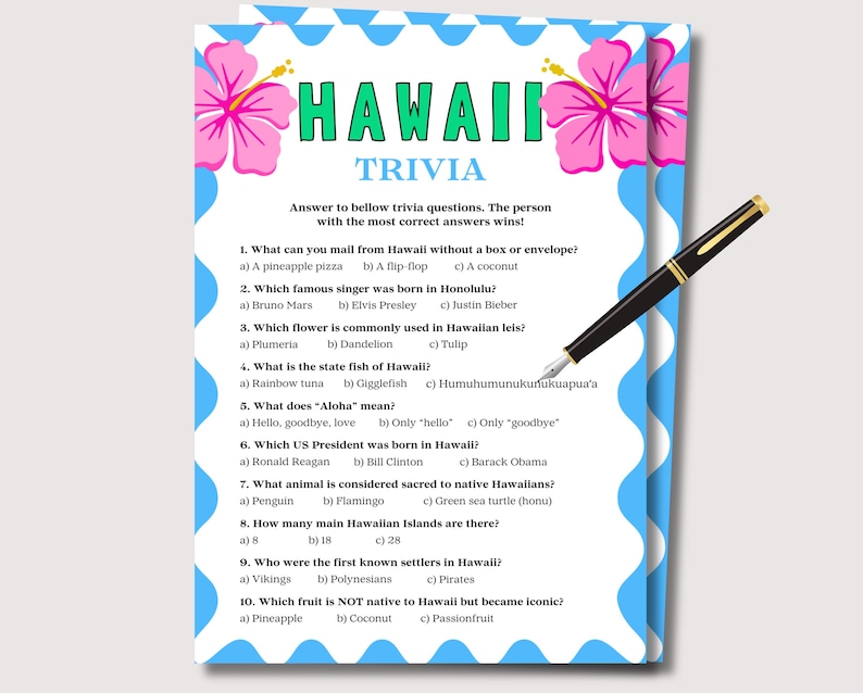 Hawaii Trivia Game, Printable Luau Party Game, Hawaiian Quiz, Aloha ...