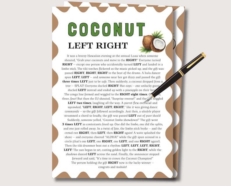 Coconut Left Right Game, Luau Games Pass the Prize, Luau Party Activity ...