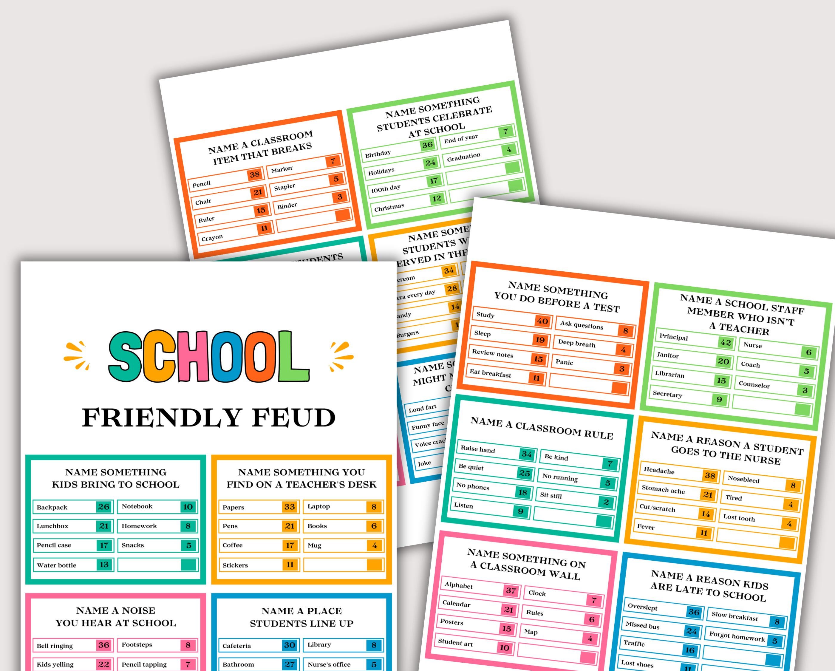 School Friendly Feud Game, Fun Printable School Classroom Activity for ...