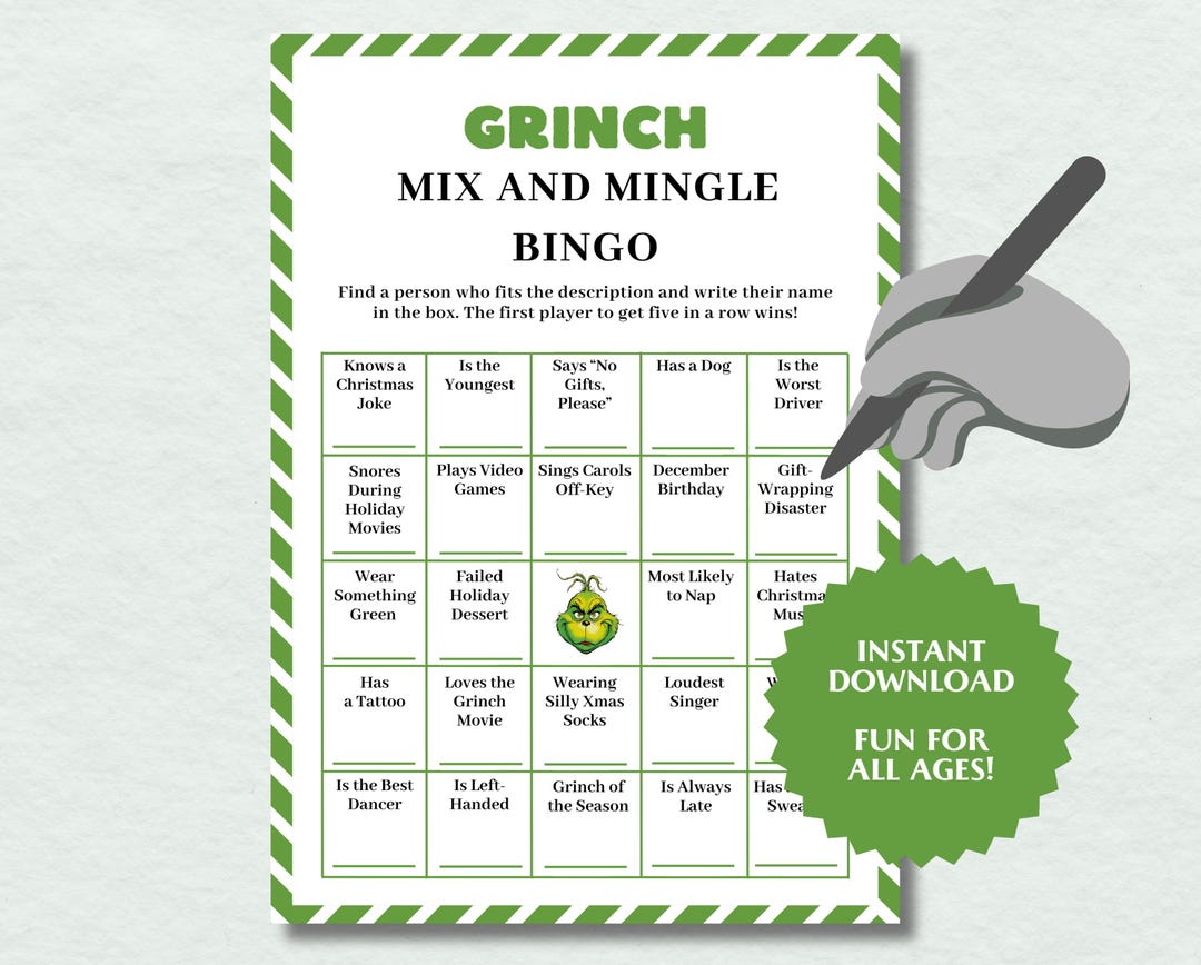 Grinch Bingo, Funny Christmas Find the Guest Mix and Mingle Bingo ...