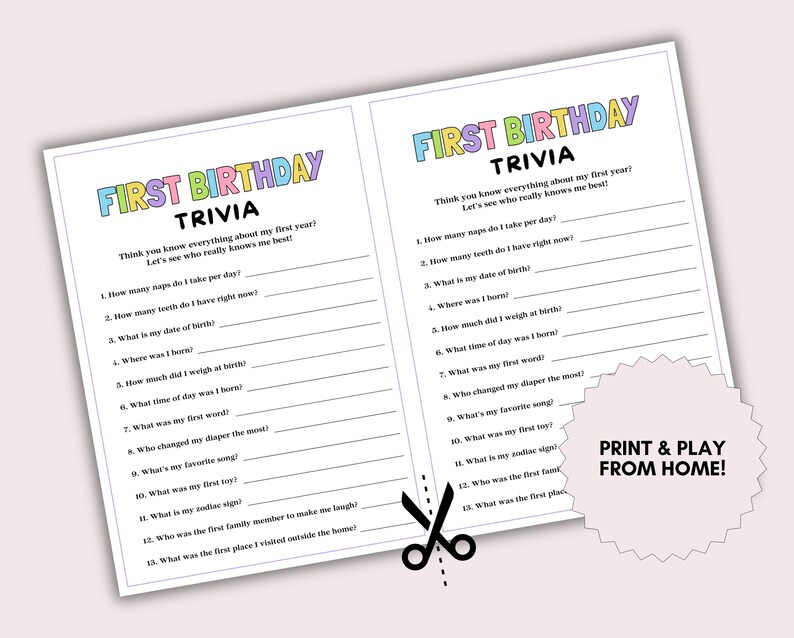 1st Birthday Trivia, First Birthday Trivia, First Birthday Game ...