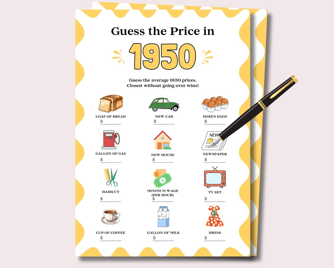 1950 Guess the Price Game Trivia Game, Fun 1950 Birthday Game for Her ...
