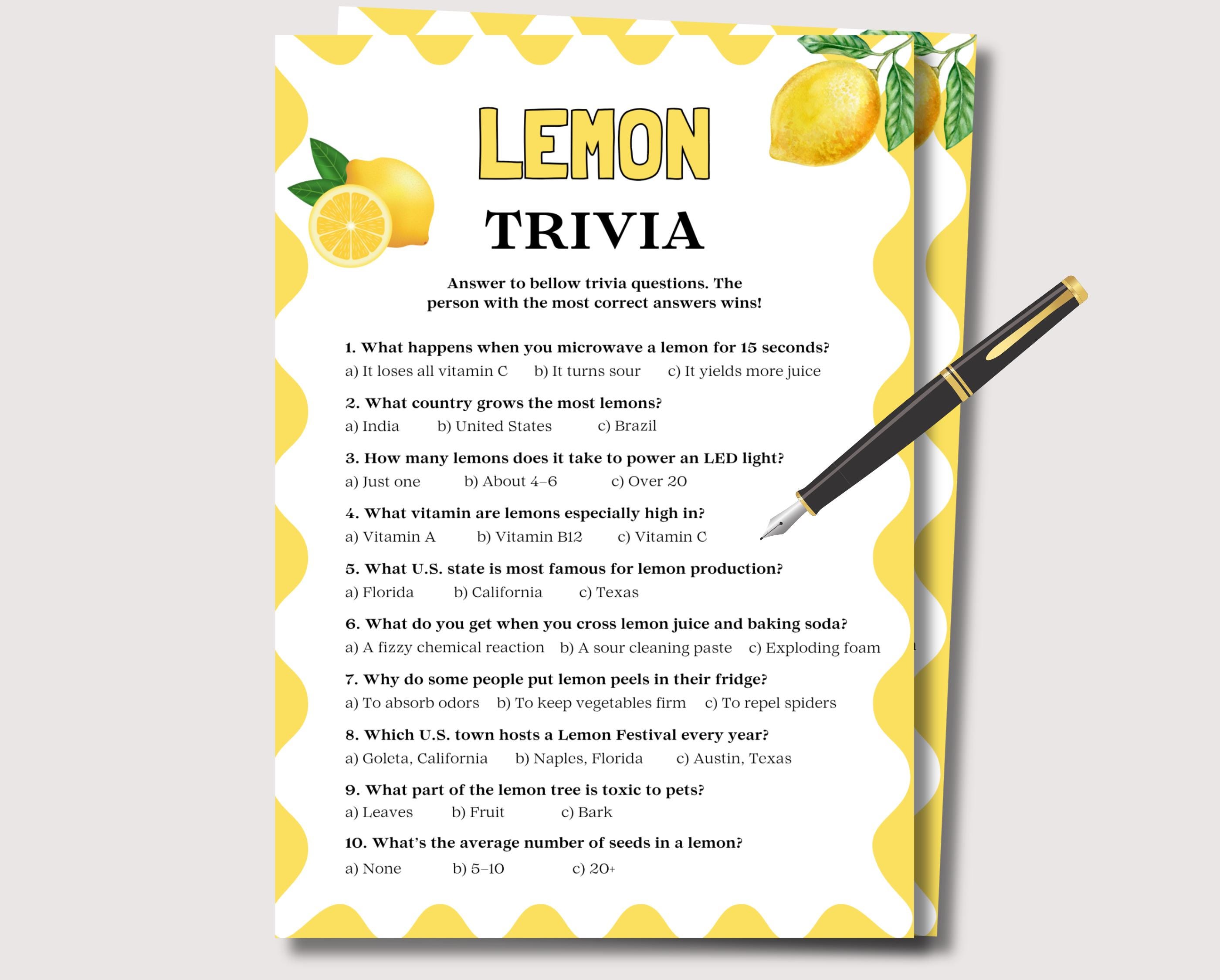 Lemon Trivia Game, Lemon Game for Kids Adults, Lemon Themed Baby Shower ...