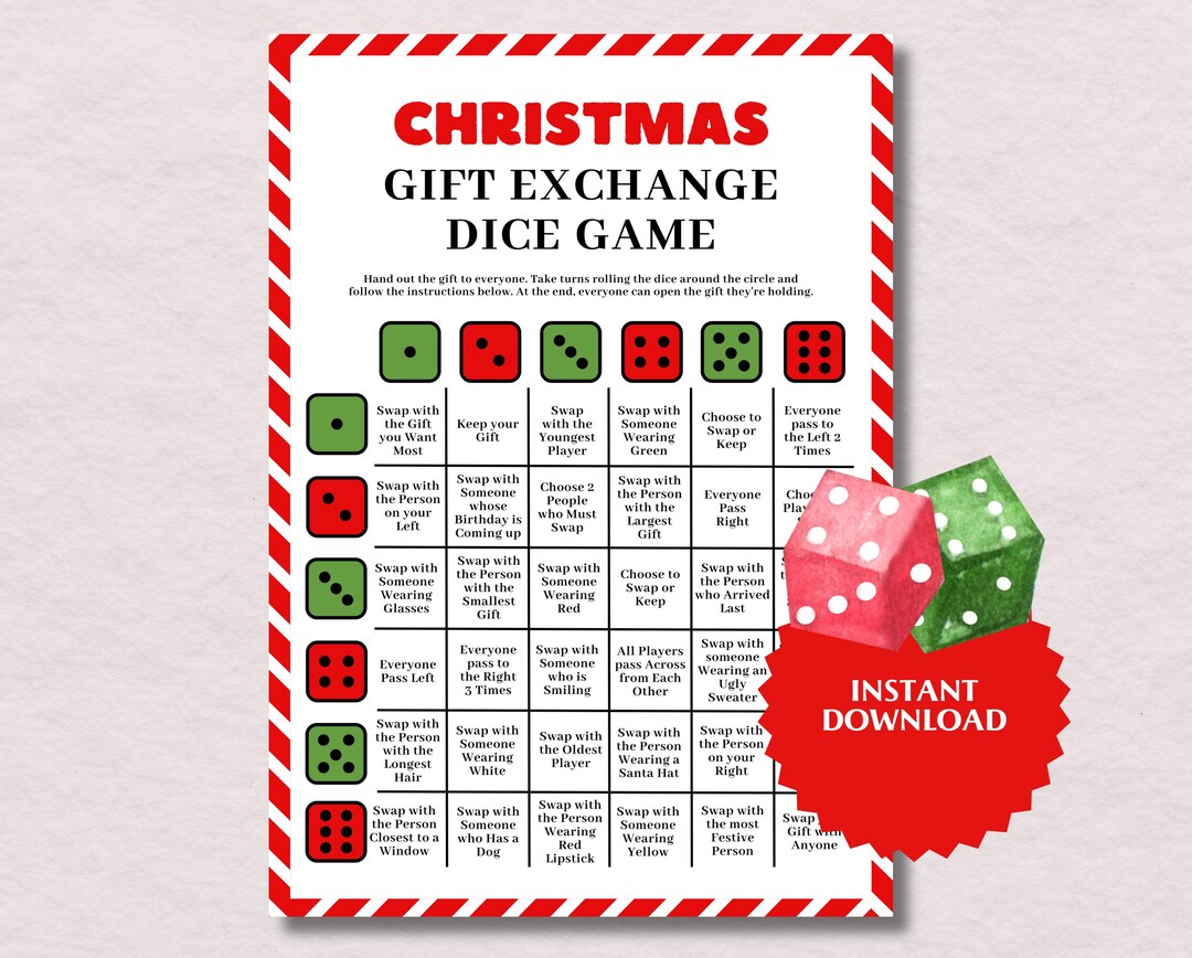 Christmas Gift Exchange Dice Game, Funny Holiday Pass the Gift Game for ...