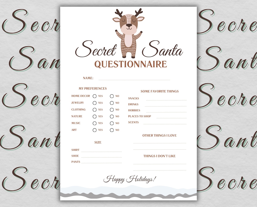 Secret Santa Questionnaire, Simple Secret Santa Survey Form, Secret ...