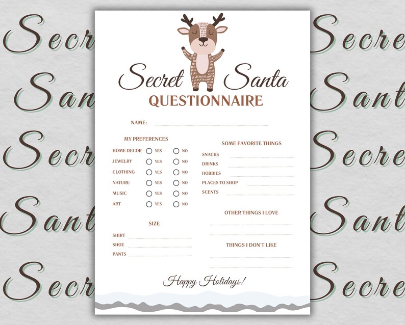 Secret Santa Questionnaire, Simple Secret Santa Survey Form, Secret ...