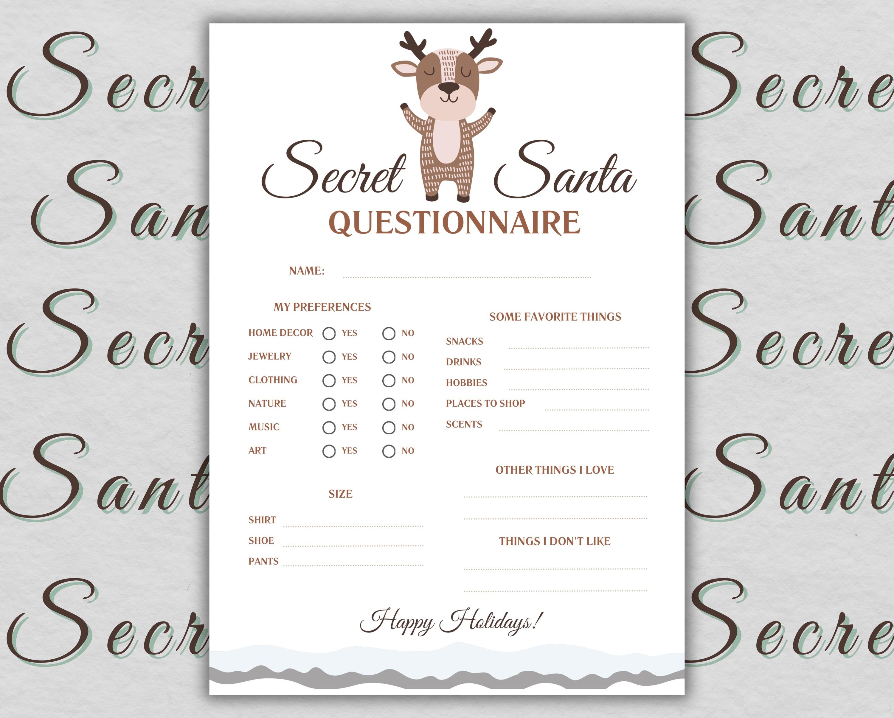 Secret Santa Questionnaire, Simple Secret Santa Survey Form, Secret ...