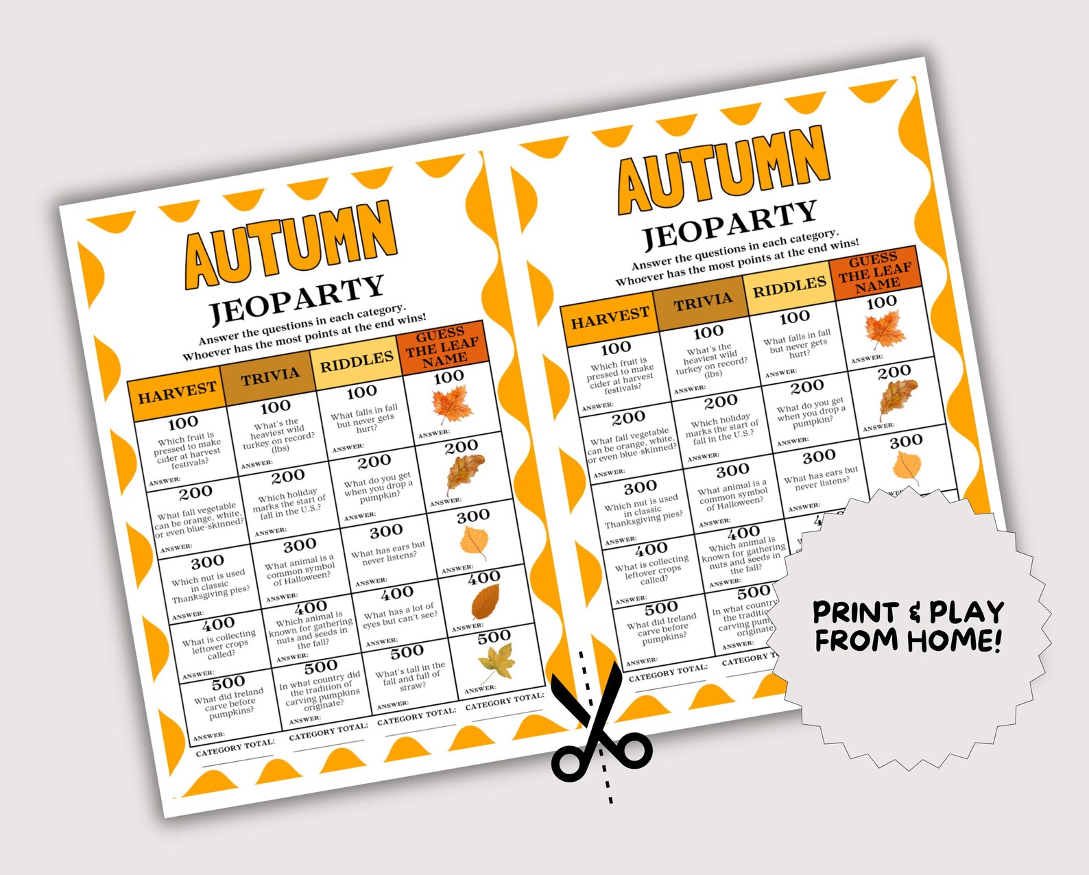 Fall Jeopardy Game, Fun Fall Game for Adults Kids and Seniors, Autumn ...