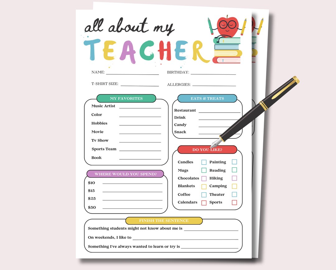 All About My Teacher Favorite Things Questionnaire, Printable Teacher ...