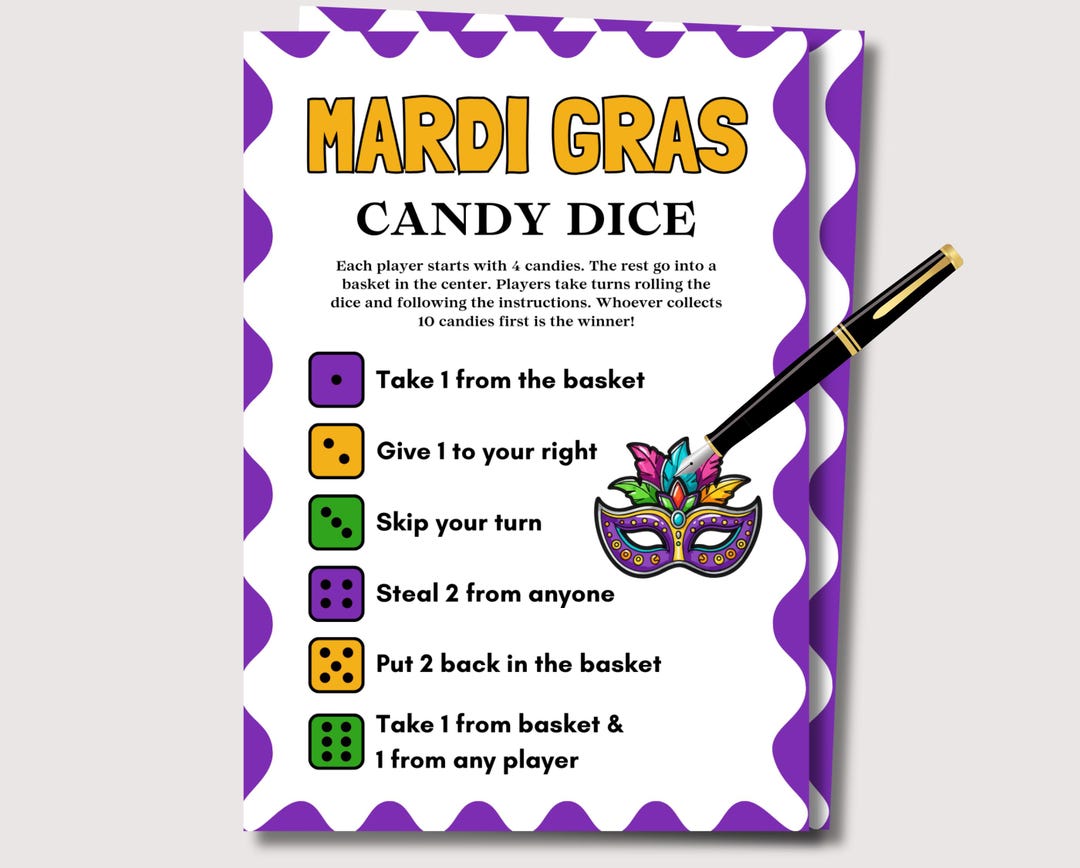Mardi Gras Candy Dice Game, Fun Printable Mardi Gras Game for Kids ...