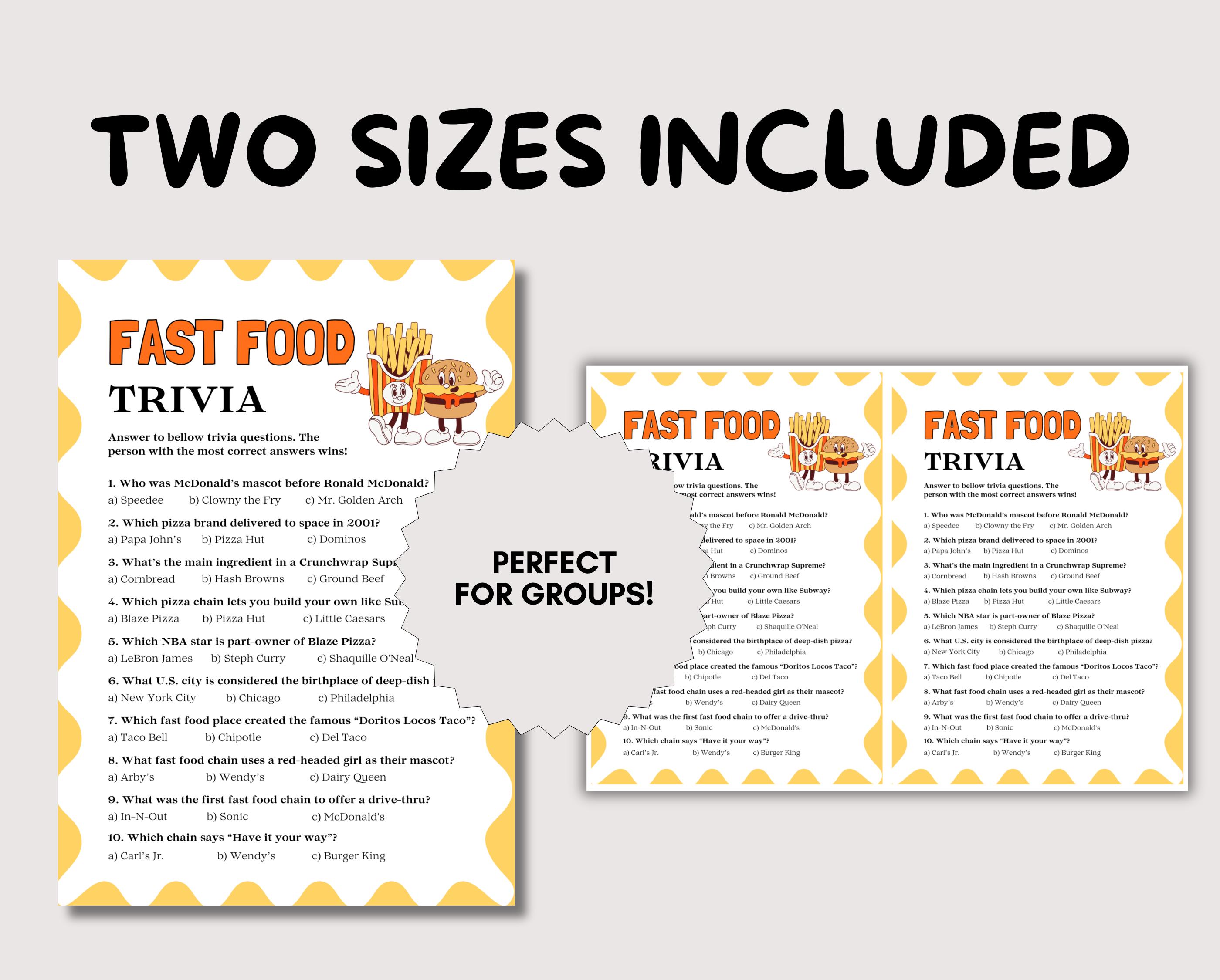 Fast Food Trivia Game, Printable Fast Food Quiz, Trivia Game for Kids ...