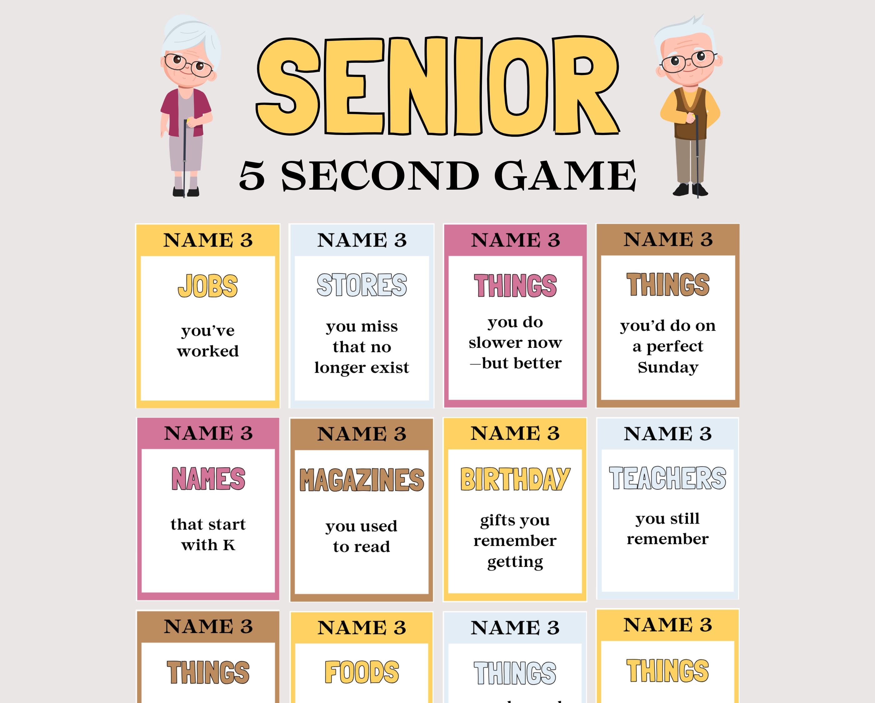 Senior 5 Second Game, Fun Printable Senior Game for Elderly, Elderly ...