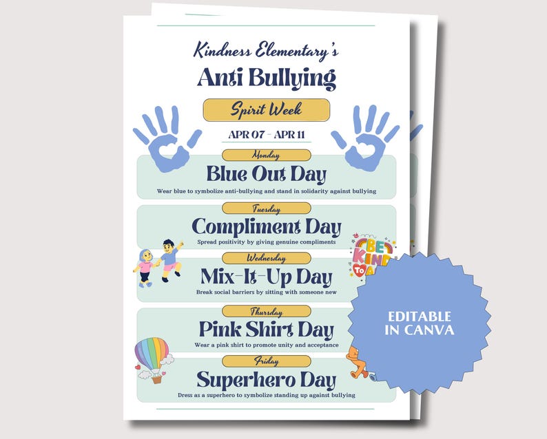 Spirit Week Idea for Kids Anti Bullying Spirit Week Flyer, Kindness ...