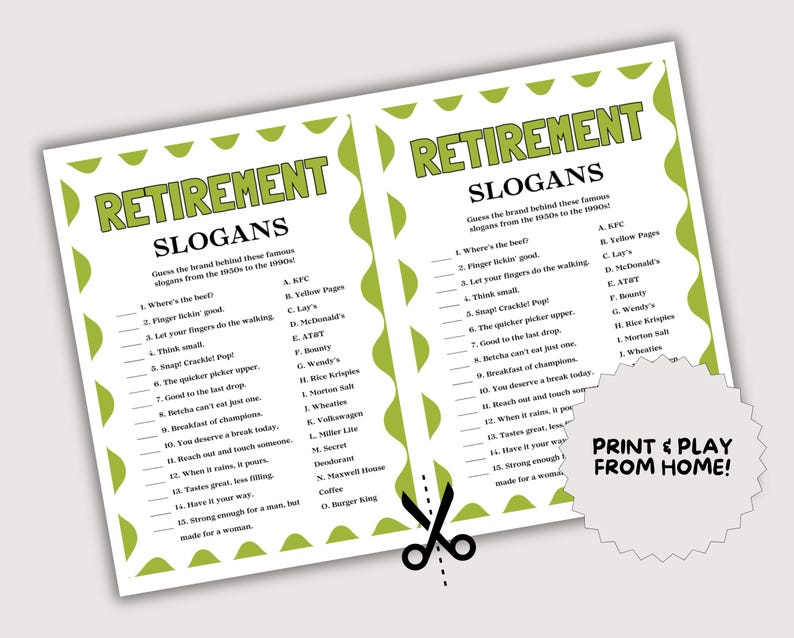 Retirement Slogans Game, Fun Printable Group Retirement Party Game ...