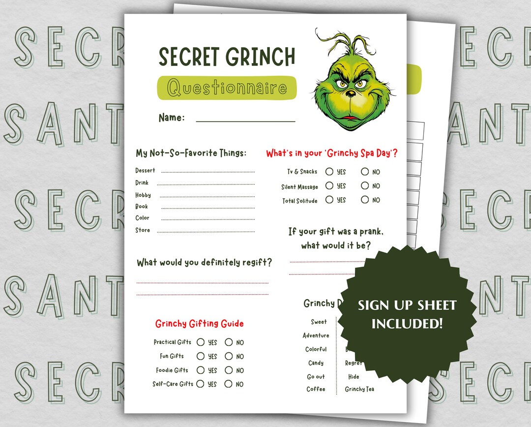 Grinch Secret Santa Questionnaire for Coworkers, Secret Grinch ...